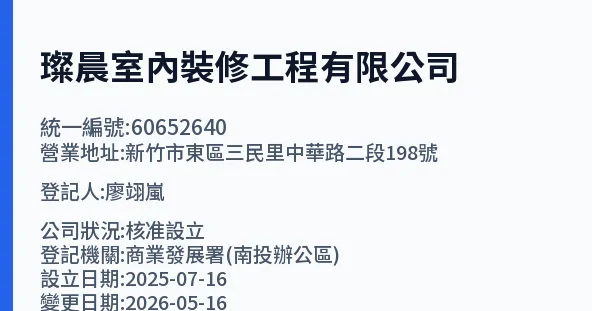 璨晨室內裝修工程有限公司的照片-統編 60652640(新竹市) 公司登記資料與營業項目詳細圖表
