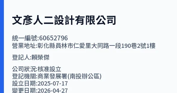 文彥人二設計有限公司的照片-統編 60652796(彰化縣) 公司登記資料與營業項目詳細圖表