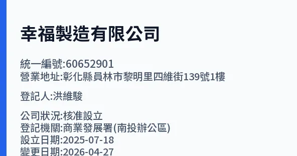 幸福製造有限公司的照片-統編 60652901(彰化縣) 公司登記資料與營業項目詳細圖表