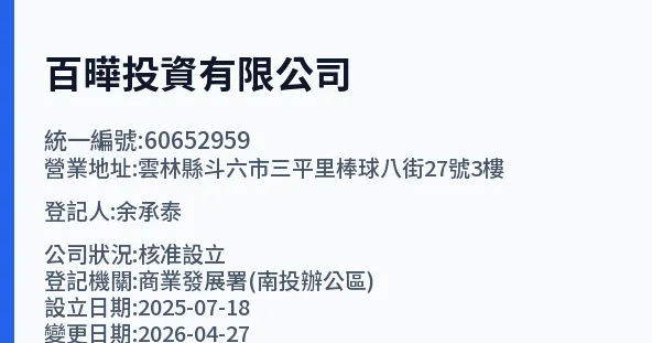 百曄投資有限公司的照片-統編 60652959(雲林縣) 公司登記資料與營業項目詳細圖表