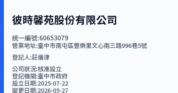 彼時馨苑股份有限公司的照片-統編 60653079(臺中市) 公司登記資料與營業項目詳細圖表