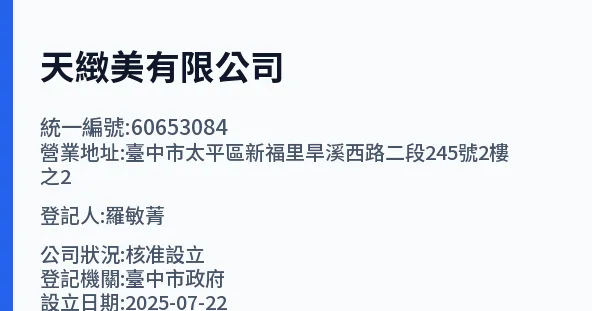 天緻美有限公司的照片-統編 60653084(臺中市) 公司登記資料與營業項目詳細圖表