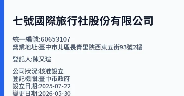 七號國際旅行社股份有限公司的照片-統編 60653107(臺中市) 公司登記資料與營業項目詳細圖表