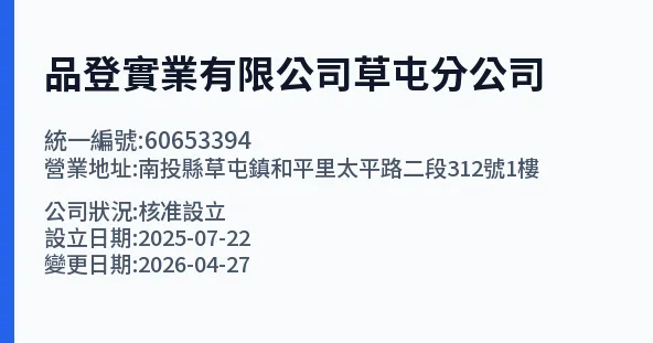 品登實業有限公司草屯分公司的照片-統編 60653394(南投縣) 公司登記資料與營業項目詳細圖表