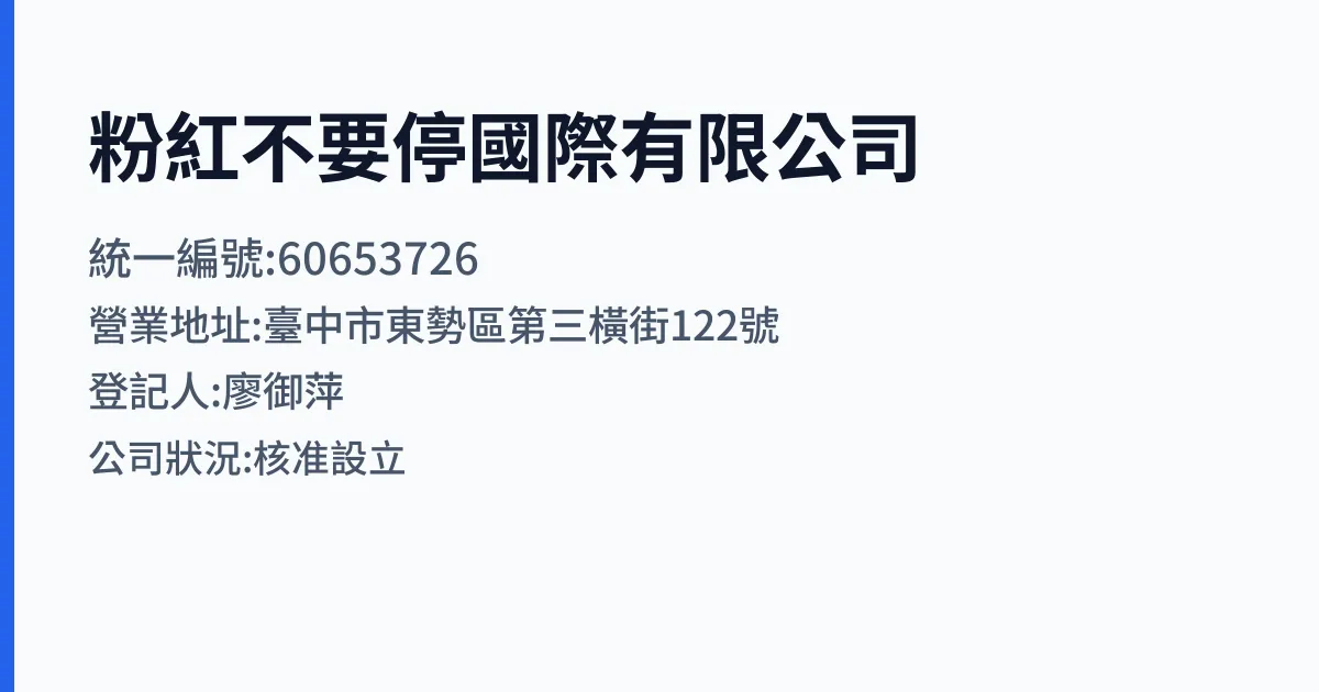 粉紅不要停國際有限公司 - 統編 60653726(臺中市) 公司登記資料與營業項目詳細圖表