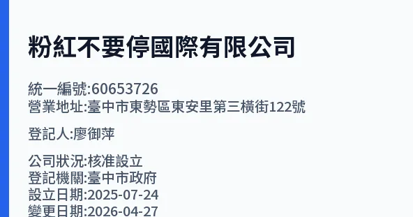 粉紅不要停國際有限公司的照片-統編 60653726(臺中市) 公司登記資料與營業項目詳細圖表