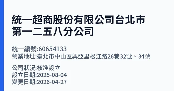 統一超商股份有限公司台北市第一二五八分公司的照片-統編 60654133(臺北市) 公司登記資料與營業項目詳細圖表