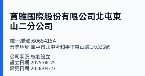 寶雅國際股份有限公司北屯東山二分公司的照片-統編 60654154(臺中市) 公司登記資料與營業項目詳細圖表