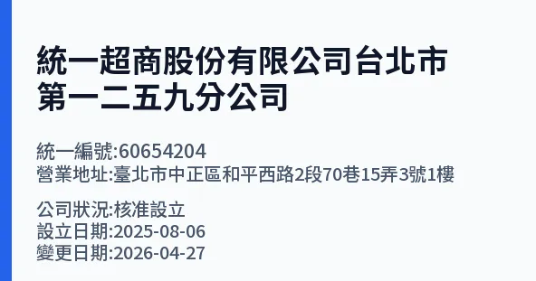統一超商股份有限公司台北市第一二五九分公司的照片-統編 60654204(臺北市) 公司登記資料與營業項目詳細圖表