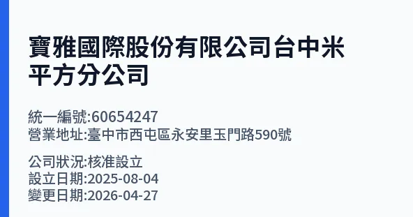 寶雅國際股份有限公司台中米平方分公司的照片-統編 60654247(臺中市) 公司登記資料與營業項目詳細圖表