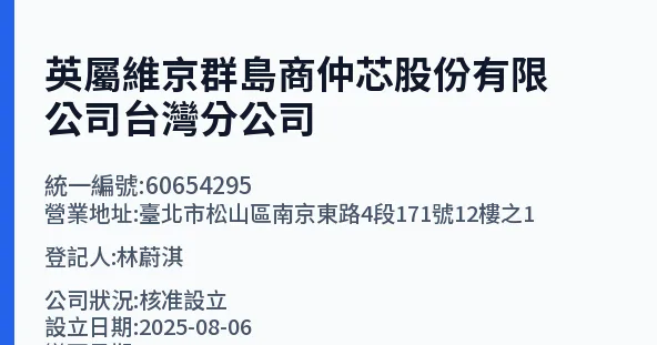 英屬維京群島商仲芯股份有限公司台灣分公司的照片-統編 60654295(臺北市) 公司登記資料與營業項目詳細圖表