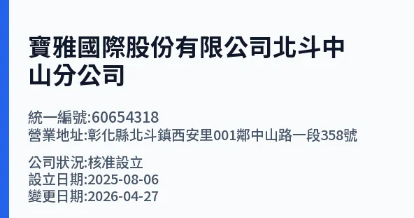 寶雅國際股份有限公司北斗中山分公司的照片-統編 60654318(彰化縣) 公司登記資料與營業項目詳細圖表