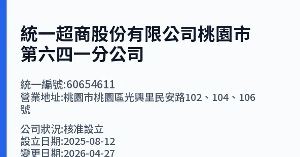 統一超商股份有限公司桃園市第六四一分公司的照片-統編 60654611(桃園市) 公司登記資料與營業項目詳細圖表