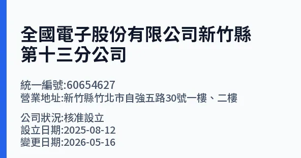全國電子股份有限公司新竹縣第十三分公司的照片-統編 60654627(新竹縣) 公司登記資料與營業項目詳細圖表