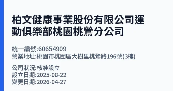柏文健康事業股份有限公司運動俱樂部桃園桃鶯分公司的照片-統編 60654909(桃園市) 公司登記資料與營業項目詳細圖表