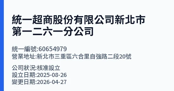 統一超商股份有限公司新北市第一二六一分公司的照片-統編 60654979(新北市) 公司登記資料與營業項目詳細圖表