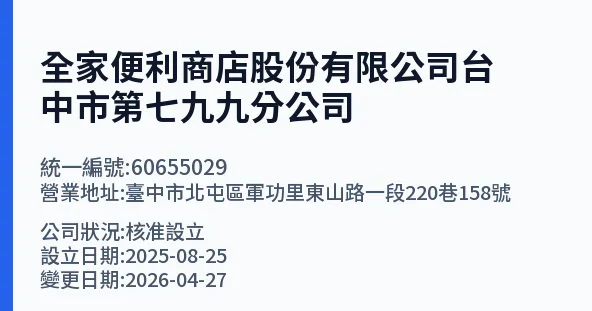 全家便利商店股份有限公司台中市第七九九分公司的照片-統編 60655029(臺中市) 公司登記資料與營業項目詳細圖表