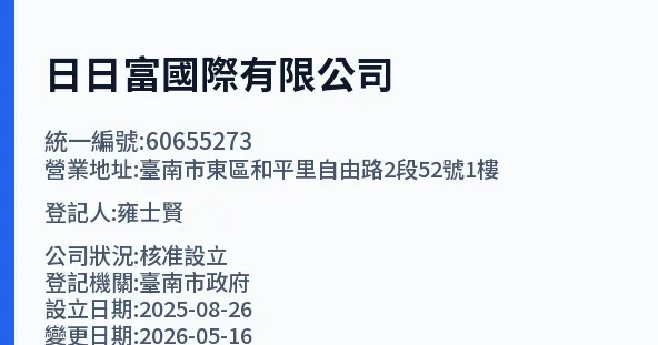 日日富國際有限公司的照片-統編 60655273(臺南市) 公司登記資料與營業項目詳細圖表