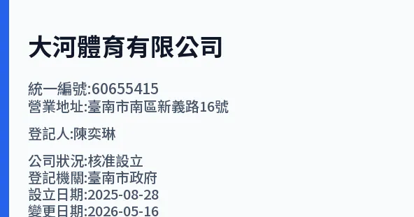 大河體育有限公司的照片-統編 60655415(臺南市) 公司登記資料與營業項目詳細圖表