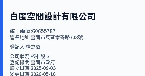 白匿空間設計有限公司的照片-統編 60655787(臺南市) 公司登記資料與營業項目詳細圖表