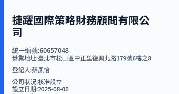 捷躍國際策略財務顧問有限公司的照片-統編 60657048(臺北市) 公司登記資料與營業項目詳細圖表