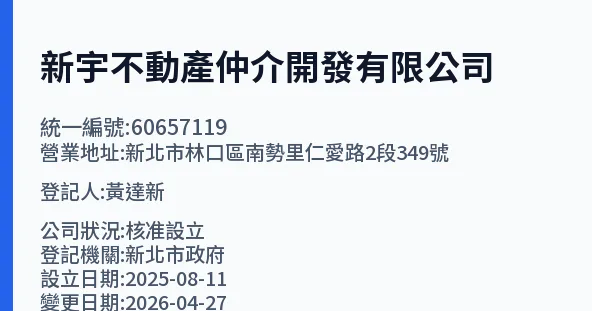 新宇不動產仲介開發有限公司的照片-統編 60657119(新北市) 公司登記資料與營業項目詳細圖表