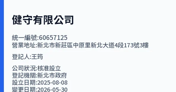 健守有限公司的照片-統編 60657125(新北市) 公司登記資料與營業項目詳細圖表