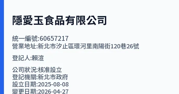 隱愛玉食品有限公司的照片-統編 60657217(新北市) 公司登記資料與營業項目詳細圖表