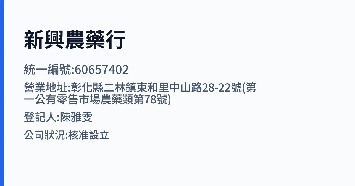 新興農藥行 - 統編 60657402(彰化縣) 公司登記資料與營業項目詳細圖表