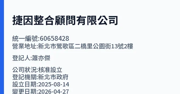 捷因整合顧問有限公司的照片-統編 60658428(新北市) 公司登記資料與營業項目詳細圖表