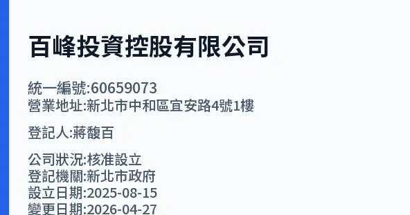 百峰投資控股有限公司的照片-統編 60659073(新北市) 公司登記資料與營業項目詳細圖表