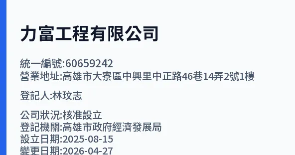 力富工程有限公司的照片-統編 60659242(高雄市) 公司登記資料與營業項目詳細圖表