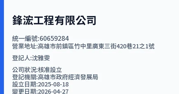 鋒浤工程有限公司的照片-統編 60659284(高雄市) 公司登記資料與營業項目詳細圖表