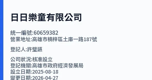 日日樂童有限公司的照片-統編 60659382(高雄市) 公司登記資料與營業項目詳細圖表