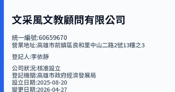 文采風文教顧問有限公司的照片-統編 60659670(高雄市) 公司登記資料與營業項目詳細圖表