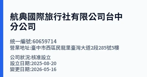 航典國際旅行社有限公司台中分公司的照片-統編 60659714(臺中市) 公司登記資料與營業項目詳細圖表