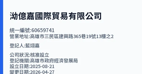 泑億嘉國際貿易有限公司的照片-統編 60659741(高雄市) 公司登記資料與營業項目詳細圖表