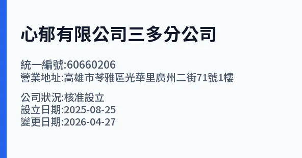 心郁有限公司三多分公司的照片-統編 60660206(高雄市) 公司登記資料與營業項目詳細圖表