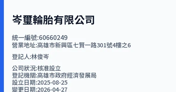 岑璽輪胎有限公司的照片-統編 60660249(高雄市) 公司登記資料與營業項目詳細圖表