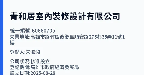 青和居室內裝修設計有限公司的照片-統編 60660705(高雄市) 公司登記資料與營業項目詳細圖表