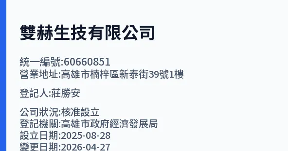 雙赫生技有限公司的照片-統編 60660851(高雄市) 公司登記資料與營業項目詳細圖表