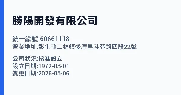 勝陽開發有限公司的照片-統編 60661118(彰化縣) 公司登記資料與營業項目詳細圖表