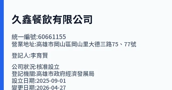 久鑫餐飲有限公司的照片-統編 60661155(高雄市) 公司登記資料與營業項目詳細圖表
