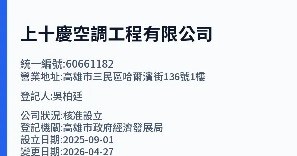 上十慶空調工程有限公司的照片-統編 60661182(高雄市) 公司登記資料與營業項目詳細圖表