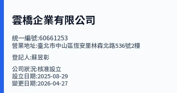 雲橋企業有限公司的照片-統編 60661253(臺北市) 公司登記資料與營業項目詳細圖表