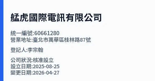 艋虎國際電訊有限公司的照片-統編 60661280(臺北市) 公司登記資料與營業項目詳細圖表