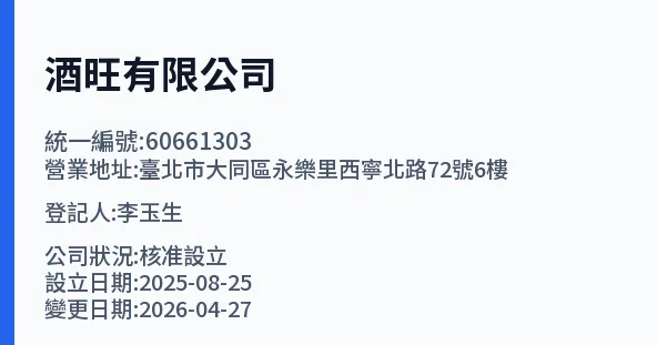 酒旺有限公司的照片-統編 60661303(臺北市) 公司登記資料與營業項目詳細圖表