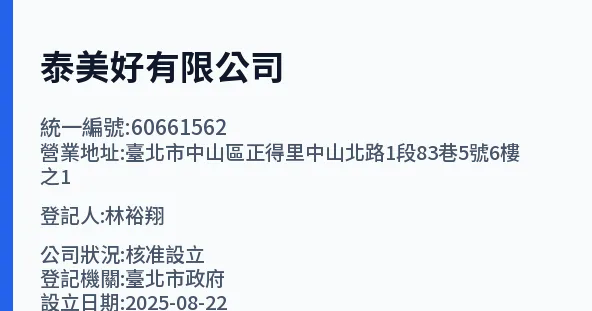 泰美好有限公司的照片-統編 60661562(臺北市) 公司登記資料與營業項目詳細圖表