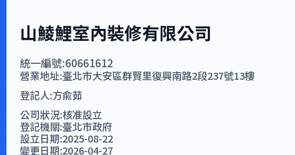 山鯪鯉室內裝修有限公司的照片-統編 60661612(臺北市) 公司登記資料與營業項目詳細圖表