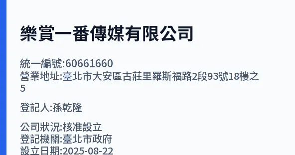 樂賞一番傳媒有限公司的照片-統編 60661660(臺北市) 公司登記資料與營業項目詳細圖表